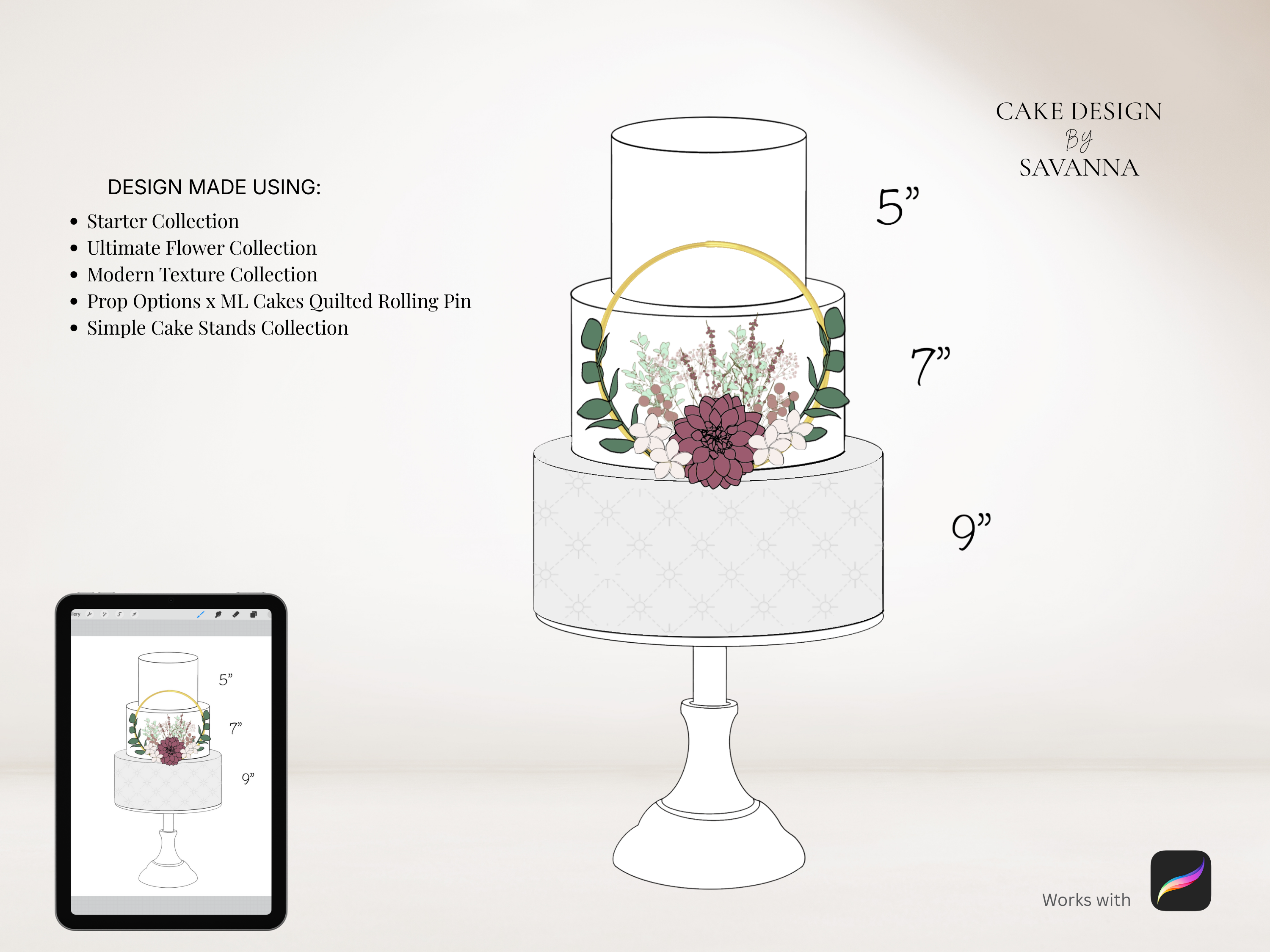 Cake Design Procreate Stamps: Prop Options X ML Cakes Quilted Rolling